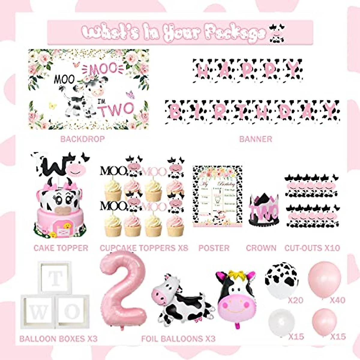 126 PCs Moo Moo Im Two Birthday Decorations Girl, Fiesec Cow 2nd Birthday Party Supplies Two Years Old Backdrop Balloon Garland Banner Cake Cupcake Toppers Boxes Cutout Crown Poster Pink White Black