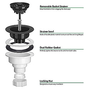 Serene Valley 3-1/2 inch Kitchen Sink Strainer Assembly with Stopper for Matching Color of Granite or Fireclay Sinks (Black)
