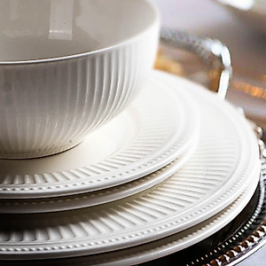 Artena Ceramic Dinner Plates Set of 4, 10.5 inch Embossed White Kitchen Plates for Salad, Dessert, Appetizer, Steak, Serving Dishes for Entertaining, Modern Large Flat Plates for Restaurant, Parties