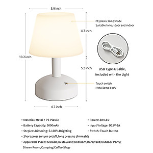 KDG Modern Cordless Small Table Lamps, Outdoor Portable Shower Waterproof LED Dimmable Desk Lamp, 5000mAh Rechargeable Battery Operated Lighting for Restaurant, Bedroom, Bathroom, Night Light (White)