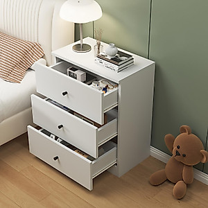 Modern 3 Drawer Dresser for Bedroom, Tall Nightstand with Conical Handles, Wood Chest of Drawers with Storage for Closet, Small Cabinet Bedside for Living Room, White