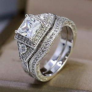 LOVERSRING Couple Ring Bridal Sets His Hers 10k White Gold Plated White AAA Cz Wedding Engagement Ring Band Set