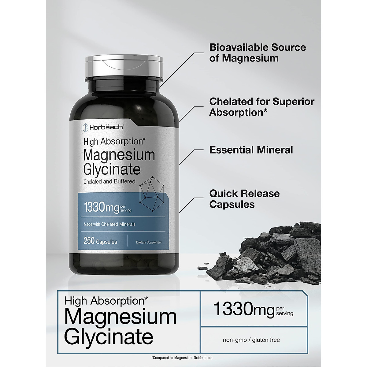 Horbäach Buffered Magnesium Glycinate | 1330mg | 250 Capsules | with Chelated Minerals | Non-GMO, Gluten Free