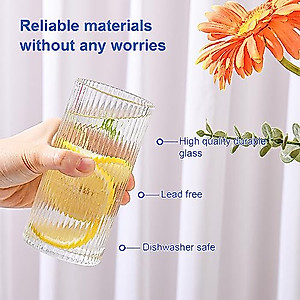 ZMOWIPDL Ribbed Glassware Vintage Drinking Glasses with Straws Set of 6,Clear Fluted Ripple Glass Cups 12.5oz,Ribbed Iced Coffee Cups for Cocktail, Whiskey, Beer, Juice, Water