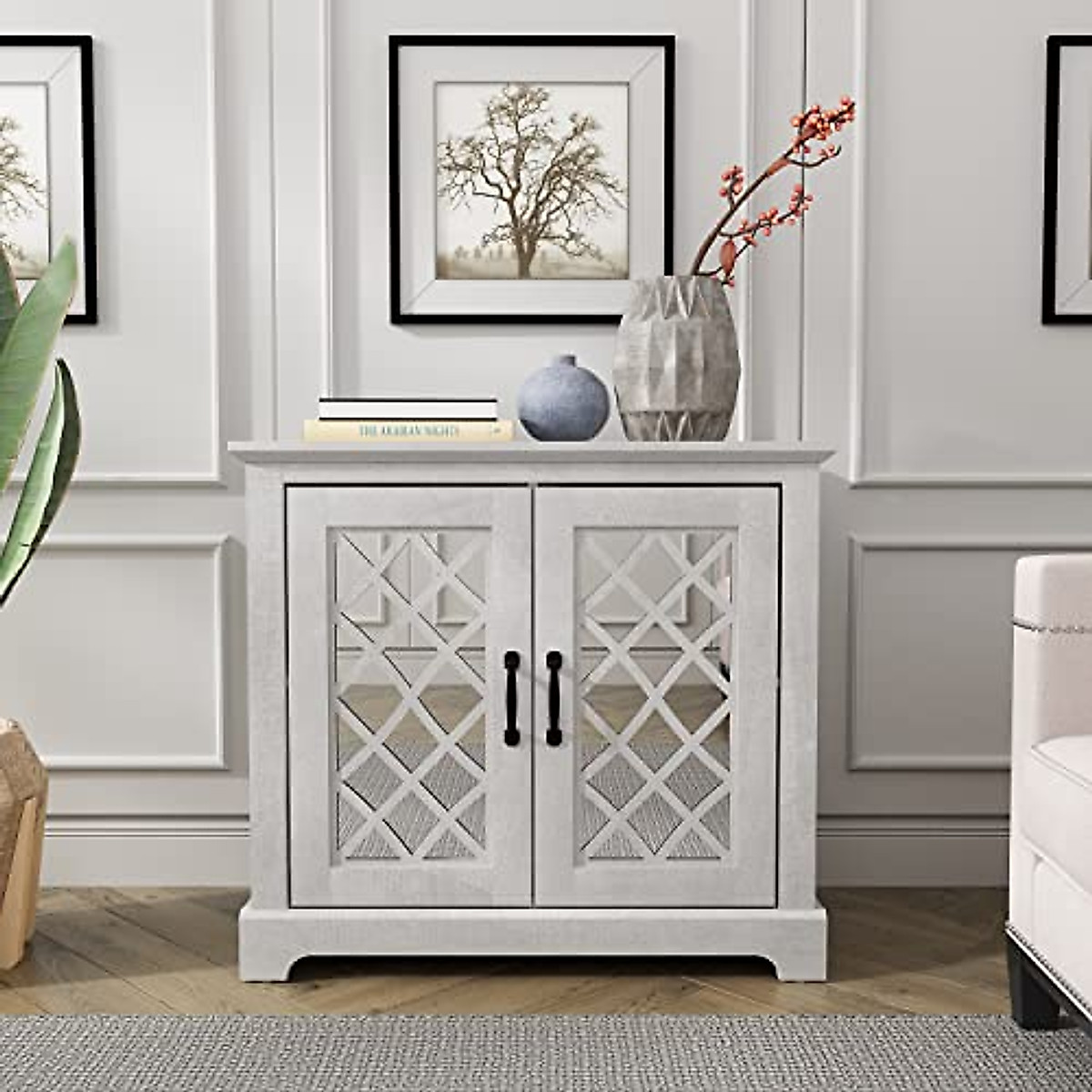 Galano Millicent 2 Door Sideboard, Buffets & Sideboards, Storage Cabinet, Credenza for Living Room, Buffet Cabinet with Storage, Acrylic Mirror, Black with Knotty Grey Oak