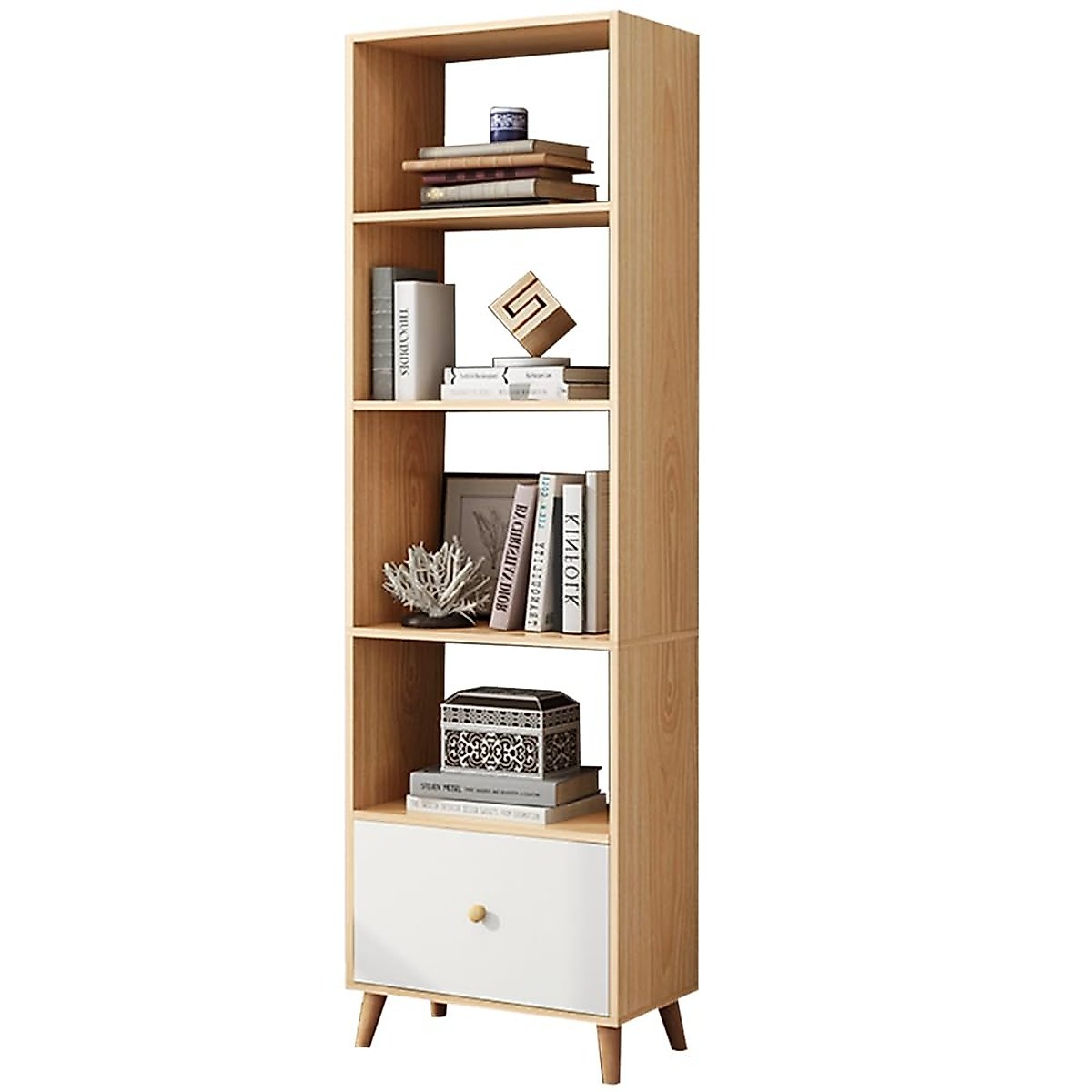 IOTXY Open Shelf Cube Bookcase - 71" Tall Mid-Century Large Bookshelf with Drawer and Deepen Display Storage Cabinet for Home Office, Oak