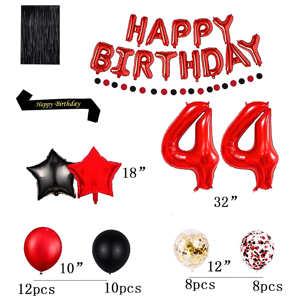 Red 44TH Birthday Party Decorations Supplies Red theme 16inch Red Foil Happy Birthday Balloons Banner Happy Birthday sash Foil Black Curtains Foil Balloons Number Red 44 Risehy
