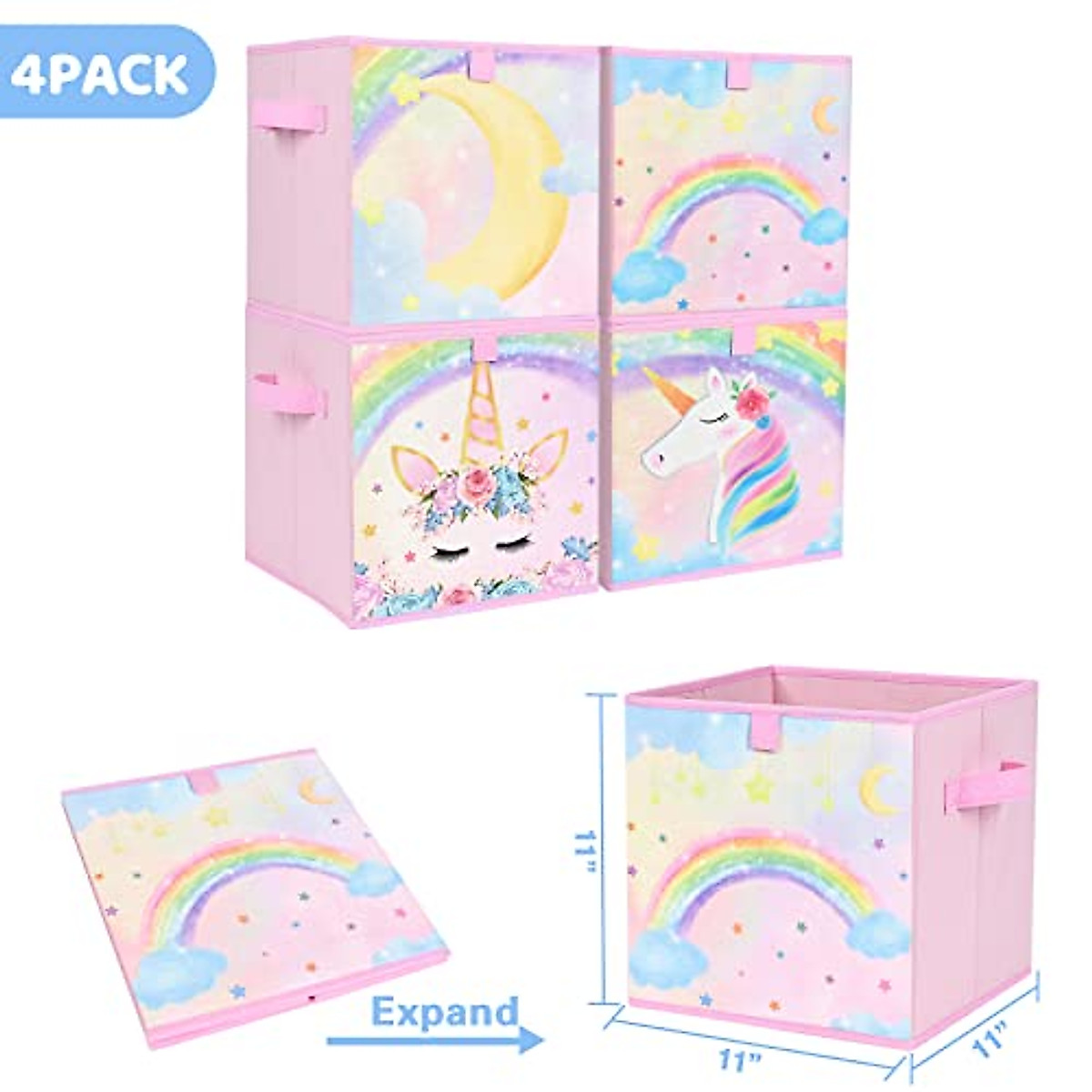 Cube Storage Bins - 4 Pack Fabric Foldable Storage Cube Organizer for Kids Decorative Storage Baskets with Handles 11" x 11" Home Closet Nursery Room Bedroom (Unicorn)