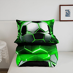 Soccer Print Comforter Set Full Football Bedding Comforters & Sets for Kids Boys Girls,Ball Game Duvet Sports Theme Quilt Comforter,Green Neon Honeycomb Duvet Teens Modern Cool Design Room Decor 3Pcs