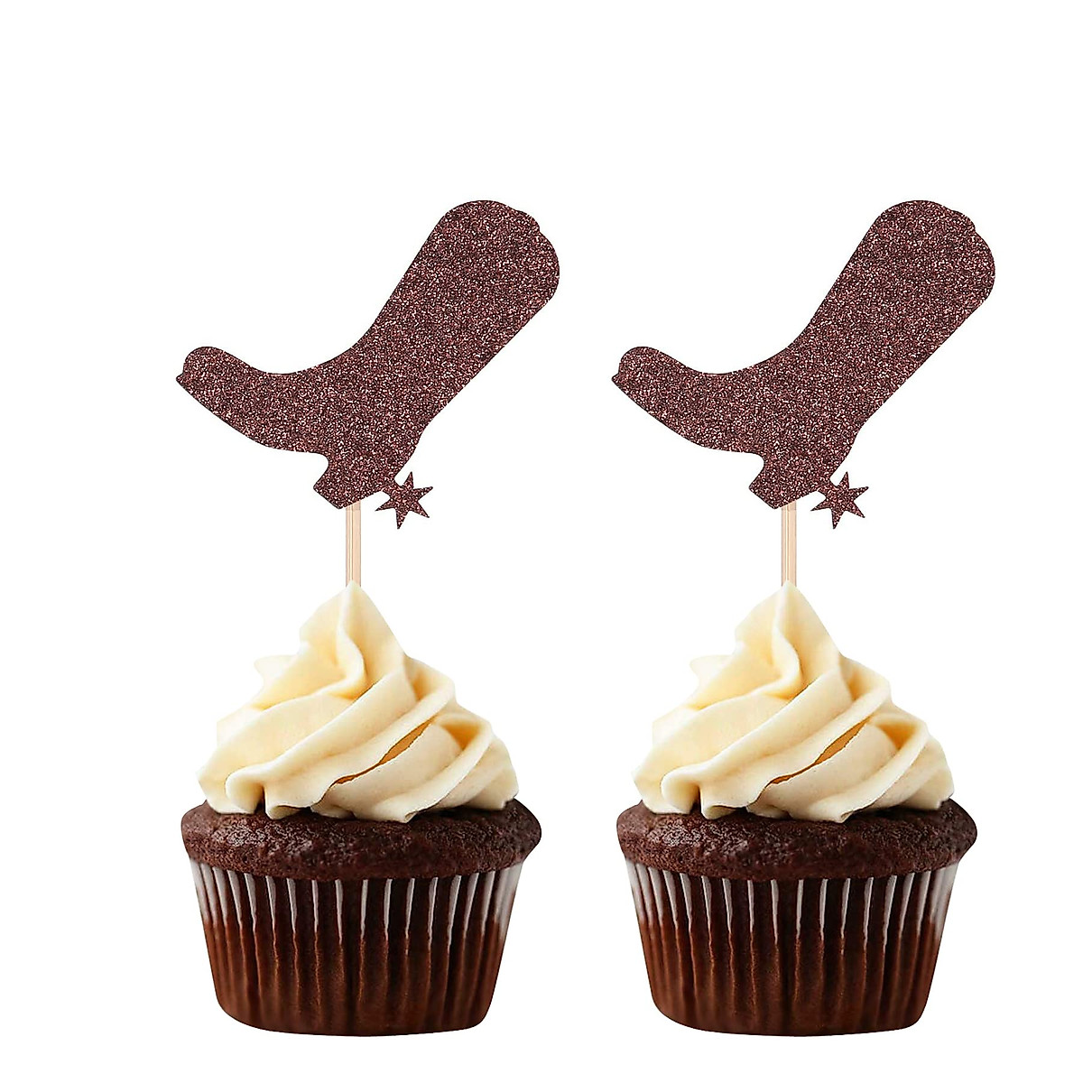 Glitter Brown Boots Cupcake Toppers Western Cowboy Theme Dessert Decoration Picks Baby Birthday Party Photo Props - 24 Counts