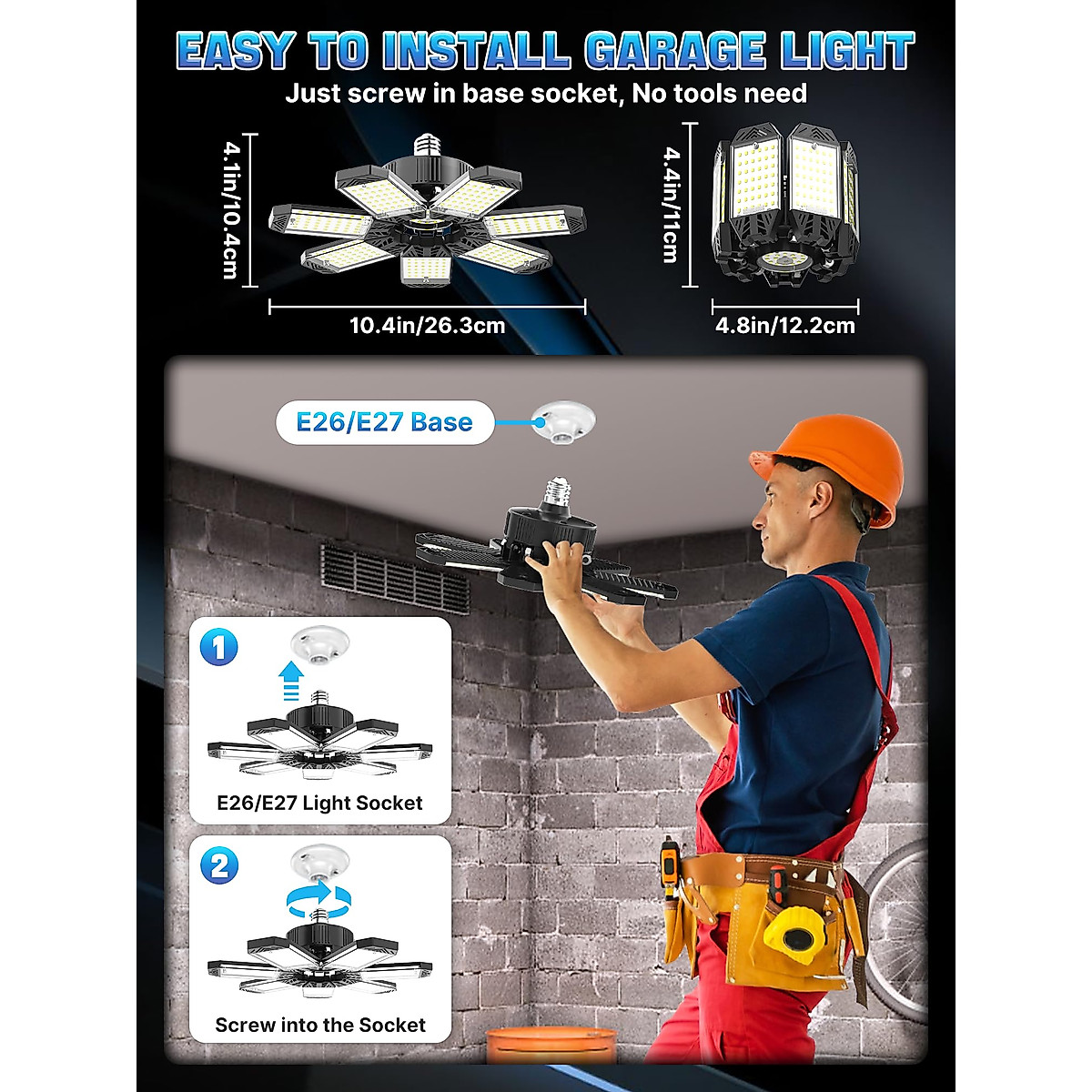 HAPYLUMI LED Garage Light 200W, Super Bright Garage Lights 20000LM Garage Lights Ceiling Led with 7 Adjustable Panels 6500K Led Shop Lights Screw in E26/E27 Bulb Socket for Garage Basement Lighting