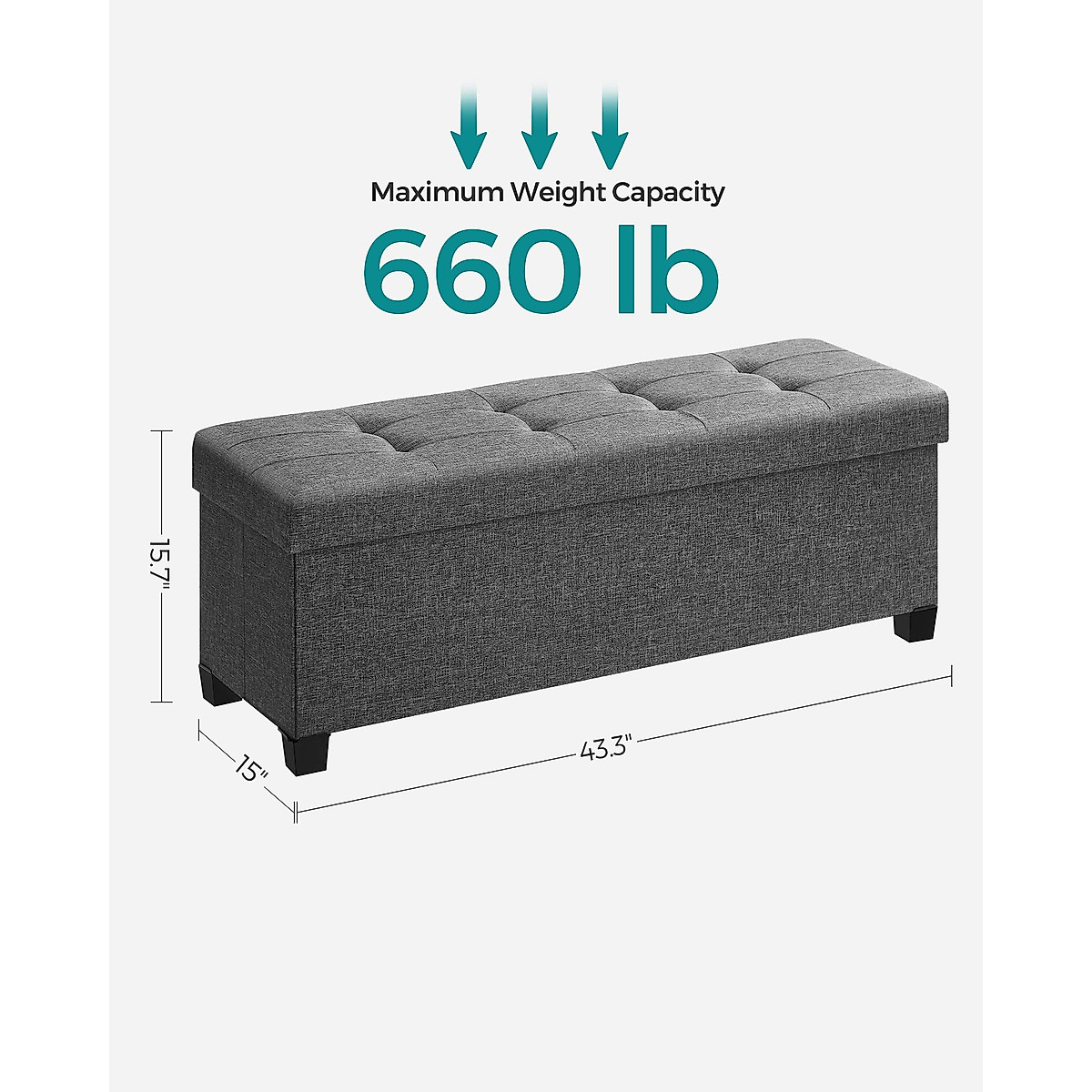 SONGMICS Storage Ottoman, Folding Storage Bench, Ottoman with Storage, Storage Ottoman Bench, for Living Room, Bedroom, 15 x 43.3 x 15.7 Inches, Dark Gray ULSF018G01