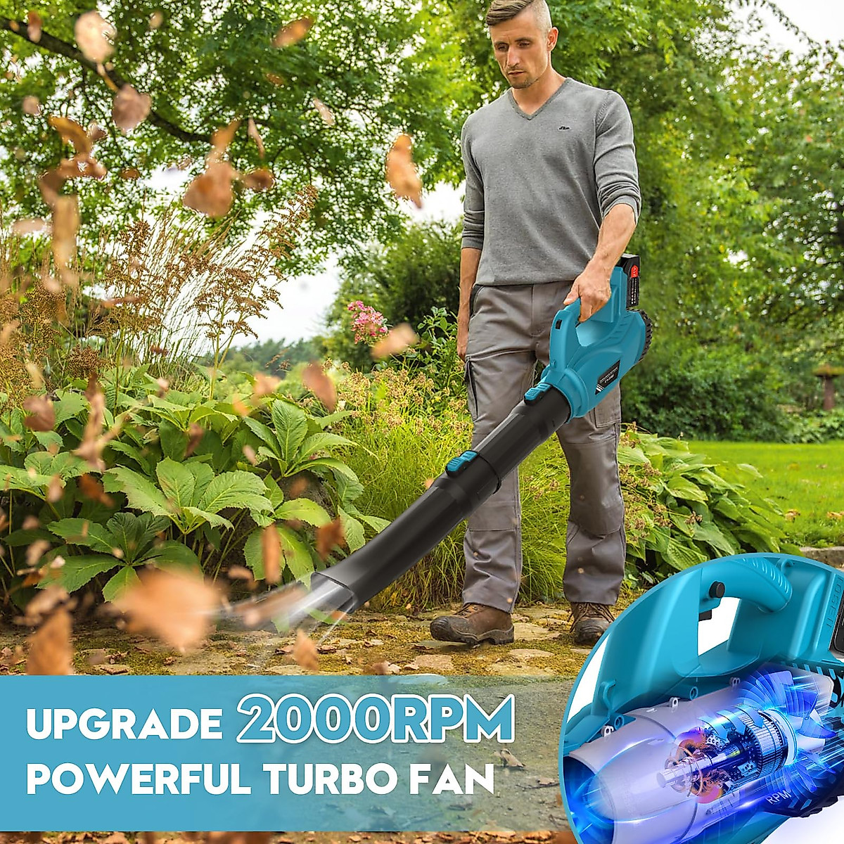 Cordless Leaf Blower Battery Powered 21V 4000mAh, 320 CFM 180 MPH Brushless Axial Electric Blower W/Battery and Charger, Turbo Fan 6 Variable Speed Leaf Blower for Lawn Care Patio Driveway Snow Dust