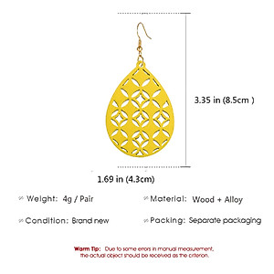 SMALLLOVE Bohemian Wooden Hollow African Earrings for Women Natural Light Weight Wood Teardrop Drop Dangle Hook Earrings (yellow)