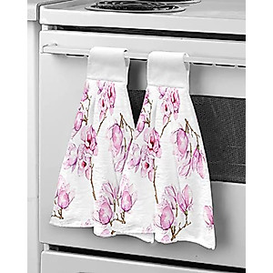 2 PCS Kitchen Hand Towels, Pink Blooming Floral Cluster Petals Branches Soft Plush Hanging Tie Towels with Loop for Kitchen Bathroom Dish Cloth Tea Bar Towel Oil Painting Orchid