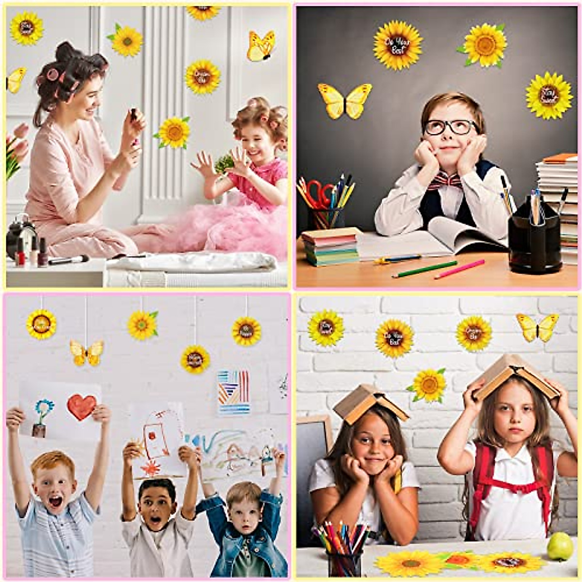 48 Pcs Summer Sunflower Cutouts Bulletin Board Decoration with Growth Mindset Creative Springtime Flower Positive Sayings Butterfly Classroom Decor for Teacher Student Birthday Party, 5.5 x 5.5 Inch