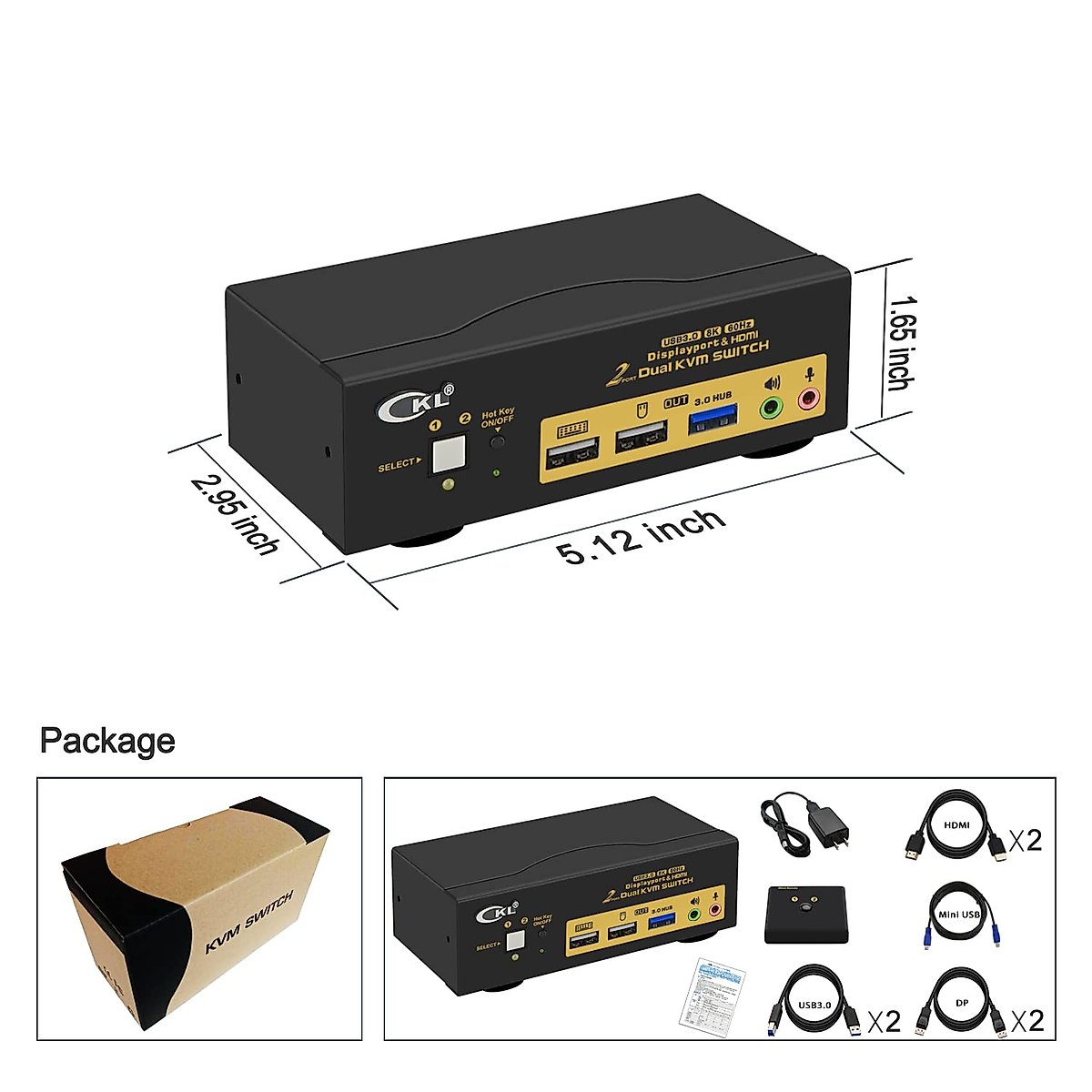 CKL 2 Port USB 3.0 KVM Switch Dual Monitor HDMI 2.0 4K@60Hz(HDMI Out) + DisplayPort 1.4 8K 30Hz 4K 120Hz 144Hz (DP Out), Keyboard Video Mouse Peripherals Switcher for 2 Computers 2 Monitors with Audio