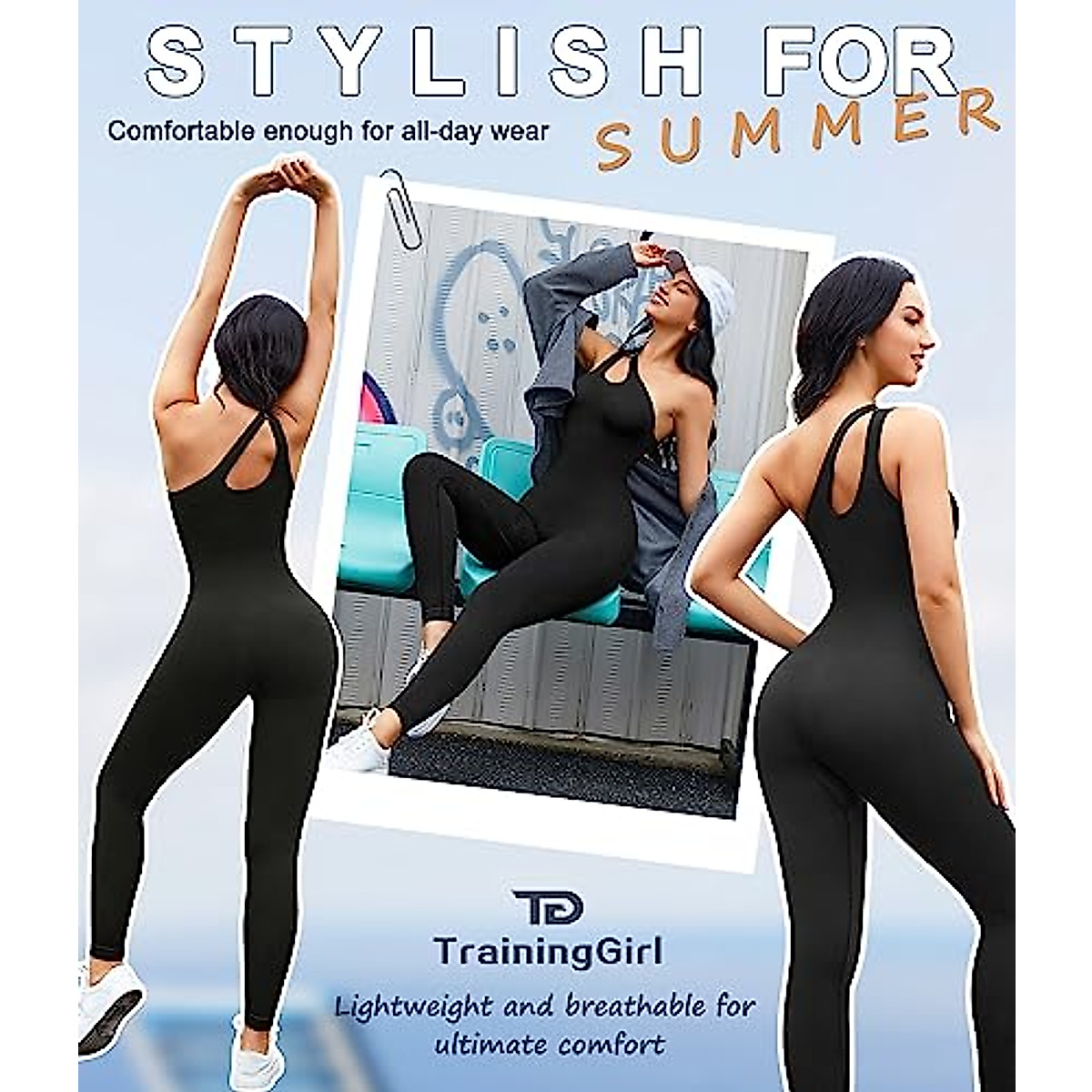 TrainingGirl Women's Sports Jumpsuits One Shoulder Yoga Romper Sleeveless Tummy Control Bodysuits Workout Leggings Tracksuits