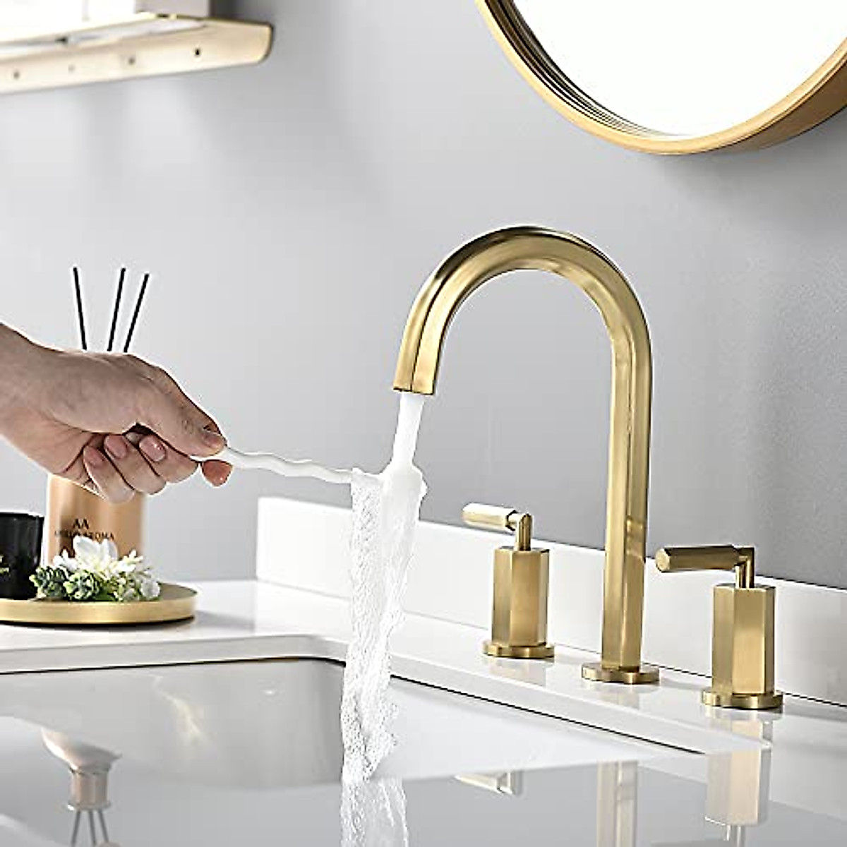 Phiestina Widespread Brushed Gold 8 Inch 2 Handles 3 Holes Hexagonal Widespread Bathroom Faucet, Bathroom Sink Faucet with Stainless Steel Metal Pop Up Drain,NS-WF001-6-BG
