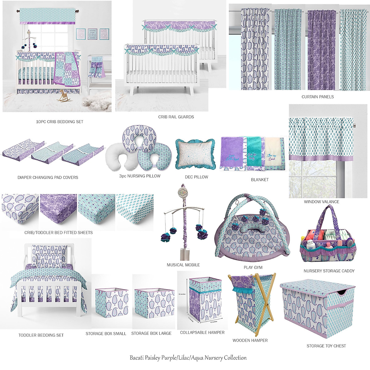Bacati - Paisley Floral 100 Percent Cotton Percale Crib/Toddler Bed Ruffle/Skirt (Aqua/Lilac/Purple 3 Tier Layer)