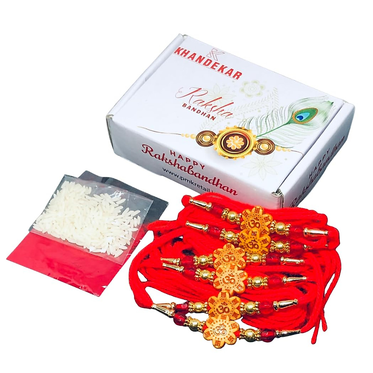 KHANDEKAR Set of 6 Pc OM with Swastik Pendant Rakhi for Brother Bhaiya Bhabhi Traditional Handmade Premium Quality Designer Rakhi Set with Roli Chawal, Rakhi Thread Rakhdi Bracelets