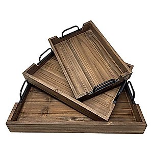 3 Piece Decorative Nested Vintage Wood Serving Tray Set For Coffee Table or Ottoman – Rustic Wooden Breakfast Trays For Kitchen, Dining Room, or Living Room – Farmhouse Platter w/Handles – Brown