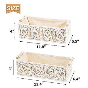 ZOOFOX Set of 3 Macrame Storage Basket, Handmade Woven Boho Basket with Cloth Liner and Wooden Handles, Decorative Toilet Tank Shelf Cabinet Organizer for Bedroom Living Room Nursery