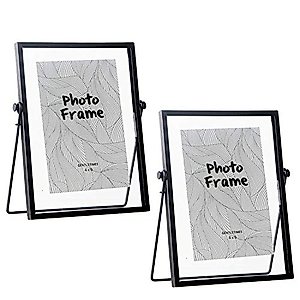 XIAOHONG 2 Pack 4x6 Metal Floating Glass Picture Frame with Metal Easel (Vertical), Simple Metal Geometric Picture Frame for Photos, Art, Tabletop Display (Black)