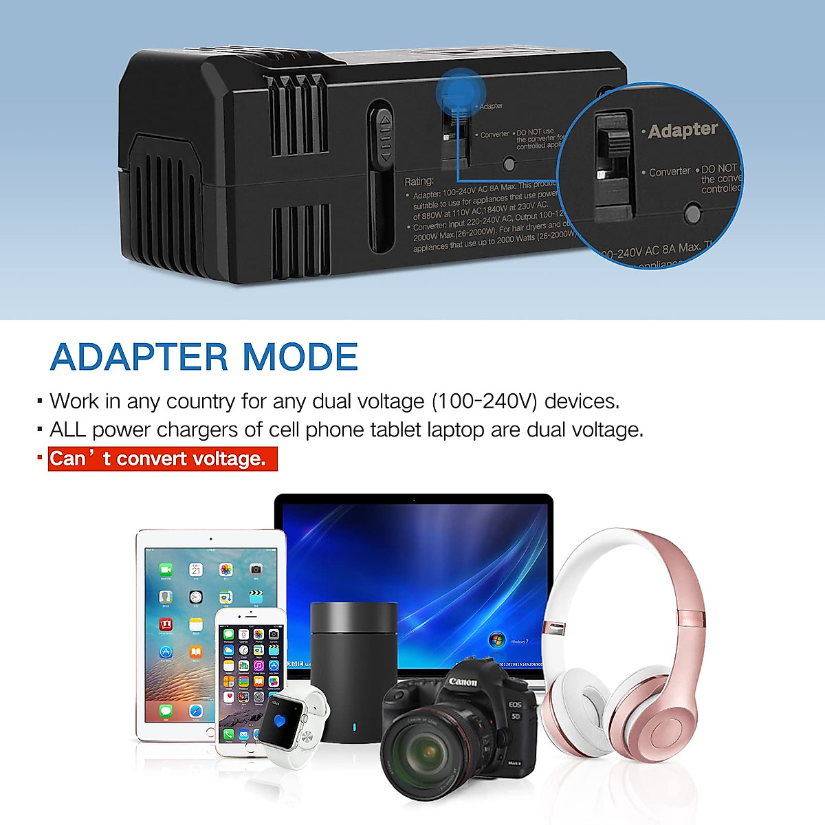 DOACE C8 2000W Travel Voltage Converter 220V to 110V for Hair Dryer Steam Iron, 8A Universal Power Adapter with All in One UK/AU/US/EU Worldwide Plug Wall Charger for Laptop Tablet Camera Cell Phone