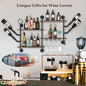 Gtouse Industrial Pipe Wine Rack Wall Mounted,Liquor Bottle Display Shelf,Floating Bar Shelves,Wooden Liquor Bar Shelf with 4 Stem Glass Holder,4 Tier Floating Whiskey Shelf for Kitchen Dining Room
