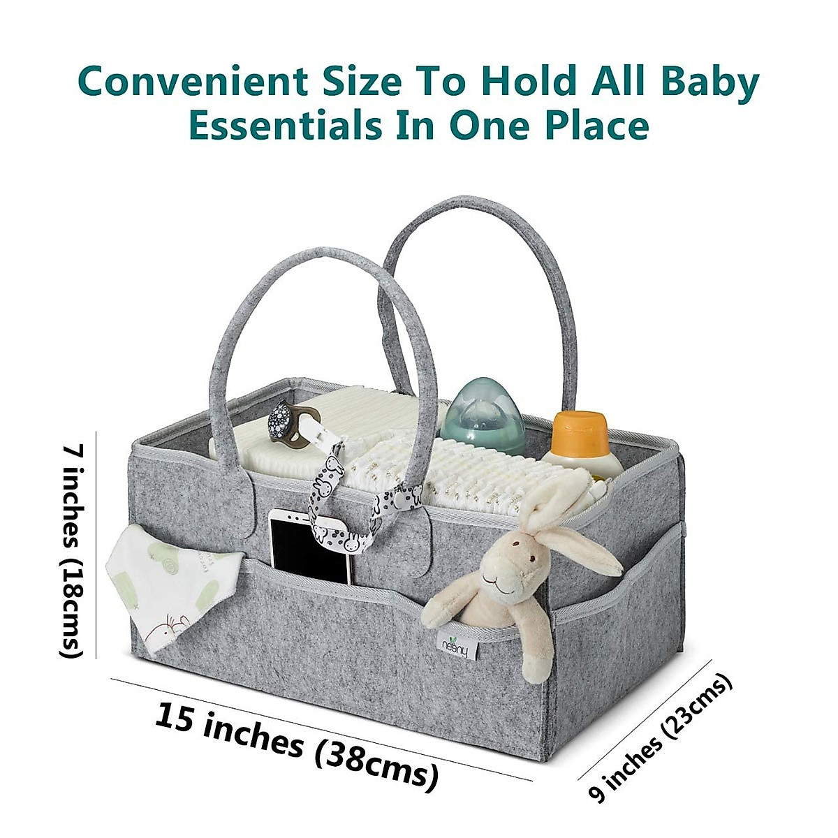 NEENY Baby Diaper Caddy Organizer – Portable Changing Table Storage Basket – Soft Felt Grey Nappy Bag Adjustable Compartments – Wipes Bottle Nursing Home & Car Travel – FREE Cotton Bib & Pacifier Clip