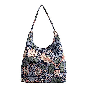 Signare Tapestry Hobo Shoulder bag slough purse for Women with Blue Floral William Morris Strawberry Thief Design (HOBO -STBL)