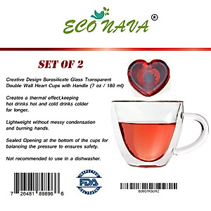 ECO NAVA Set of 2 Pack Creative Heart Shape Design Double-Layer Transparent Double Wall Drinking Glass Cup Mug (7 oz, 180 ml) for Coffee, Tea