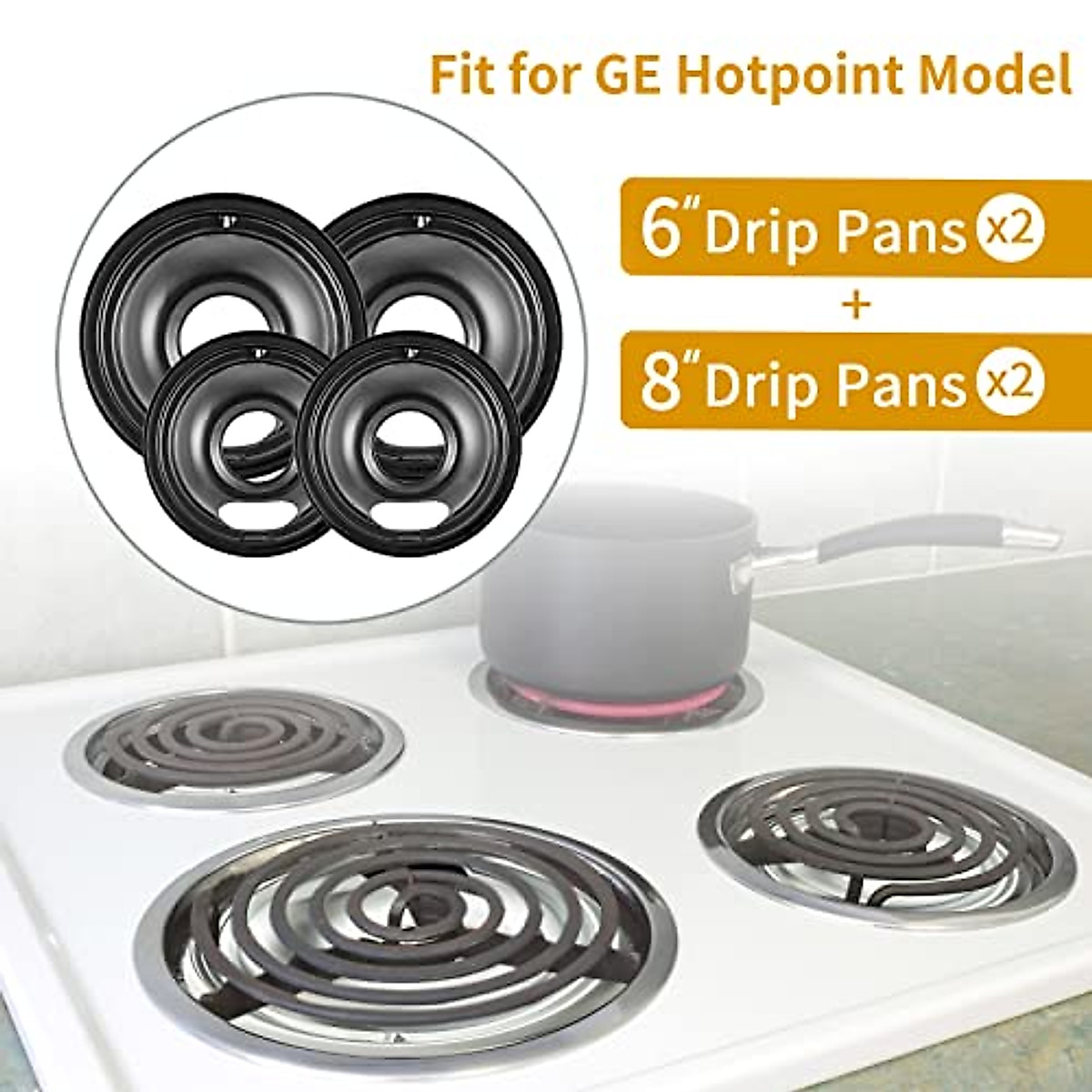 4 Pack Black Cooktop Drip Pans, Compatible with GE Hotpoint Stove. Include 2 Pcs 6'' Range Replacement Drip Pans and 2 Pcs 8 '' Burner Drip Pans for Electric Stove Top