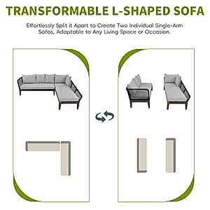 Merax L-Shaped Patio Sofa with Removable Cushions, All-Weather Outdoor Conversation Set with Throw Pillows for Garden, Lawn, Poolside, Grey