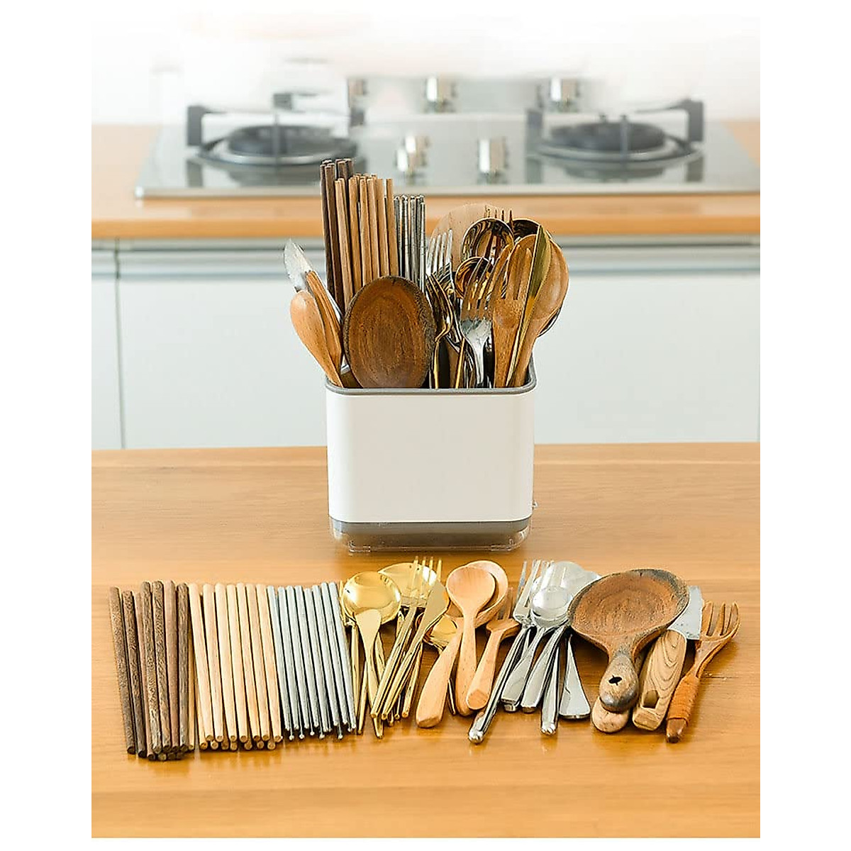 Jaugufiy Kitchen Utensil Holder for Countertop Cutlery Holder Cutlery Drainer Flatware Organizer Utensil Crock Holder Caddy