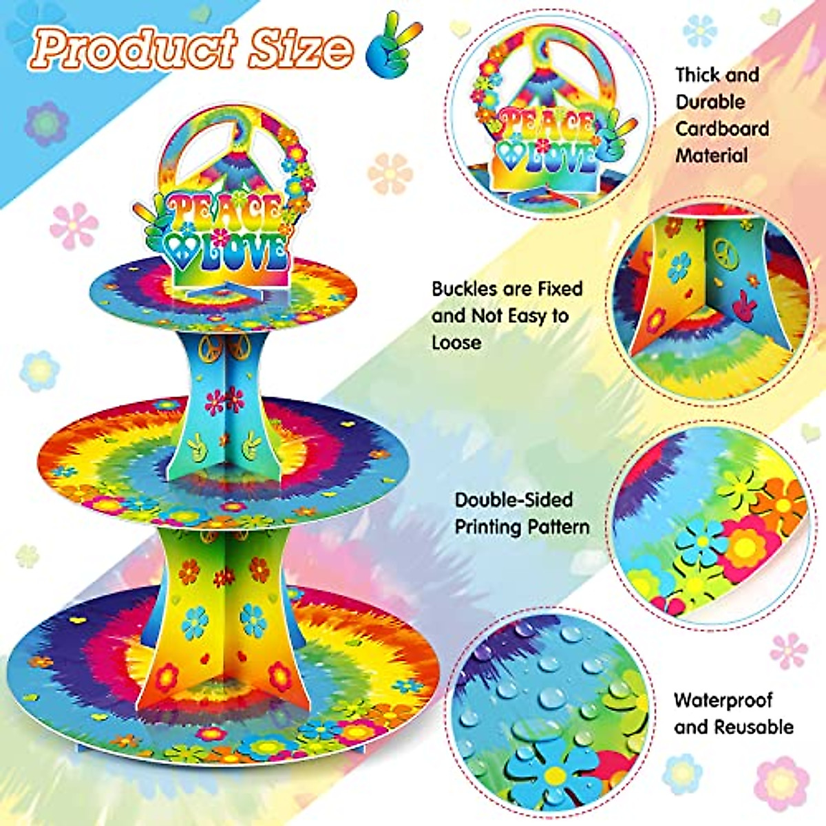 3 Tier 60's Hippie Theme Party Decorations 60s Groovy Cupcake Stand Peace Sign Decorations Cupcake Holder Tie Dye Peace and Love Dessert Tower for 60s 70s Hippie Carnival Birthday Party Supplies