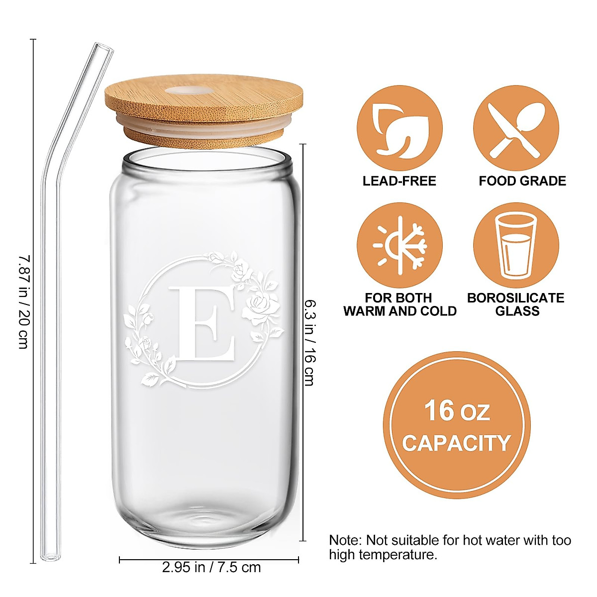 Birthday Gifts for Women, Monogrammed Initial Glass Cup Personalized Gifts for Women, 16oz Glass Cups with Lids and Straws, Iced Coffee Cup, Beer Can Shaped Glass - Personalized Christmas Gifts E