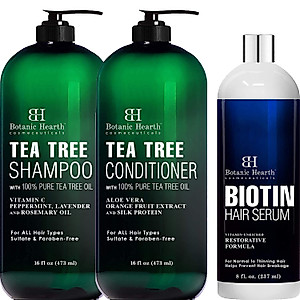 Botanic Hearth Tea Tree Shampoo & Conditioner Set (16 oz each) and Biotin Hair Serum (4 oz) Bundle