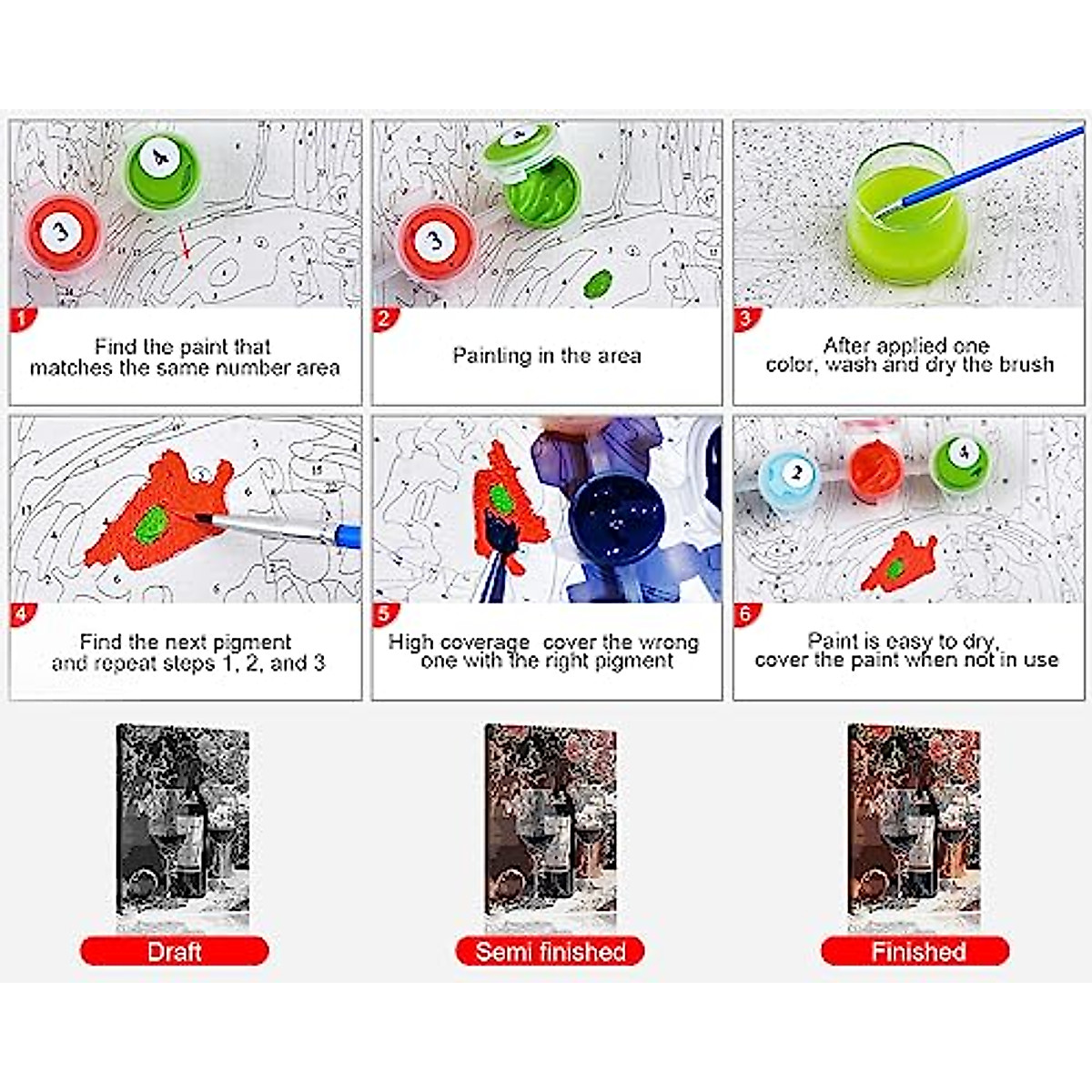 TISHIRON Paint by Number Wine Glass DIY Paint by Numbers Kit for Adults Kids DIY Canvas Painting by Numbers Wine Painting Acrylic Painting Arts Craft for Home Decoration Red Wine Glass 16x20 Inch