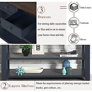 YWUFUART 48 Inch Solid Wood-Console Table-Sofa Table-Storage Cabinet with 3 Drawers and 2 Shelves for Entryway Hallway Living Room (Blue)