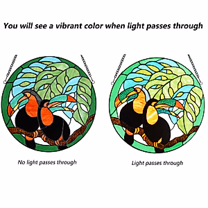 Bieye W10070 Pair of Toucans in The Swiss Cheese Plant Tiffany Style Stained Glass Window Panel, Round Shape, 16 inches Wide