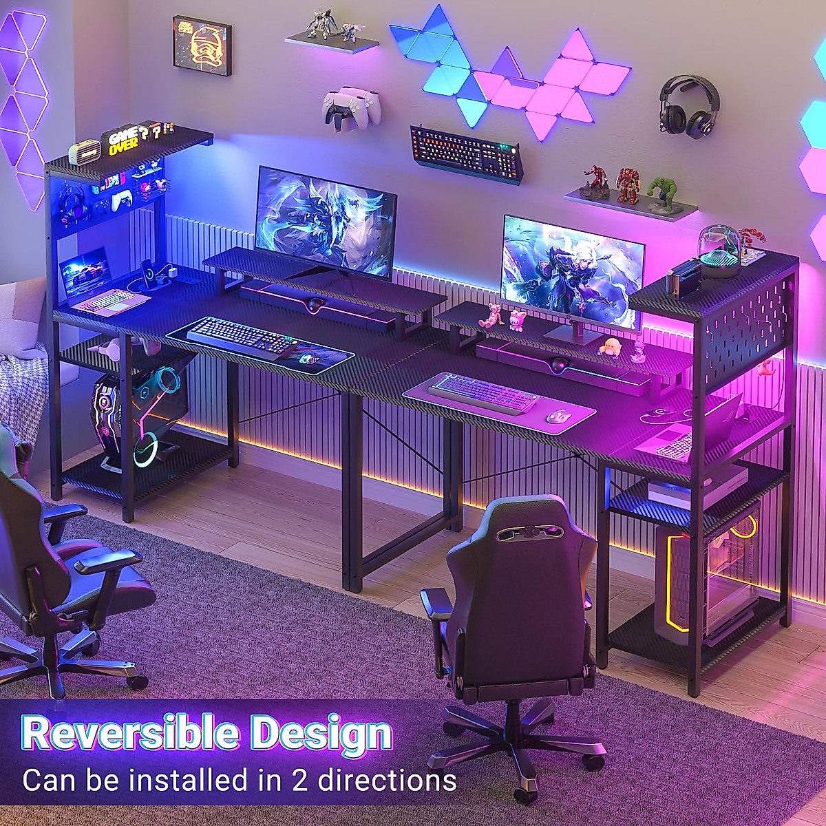 Homieasy Gaming Desk with Power Outlets & Pegboard & Led Light, 43 Inch Computer Desk with Reversible Storage Shelves & Side Storage Bag, PC Gamer Desk with Hutch & Monitor Stand, Carbon Fiber Black