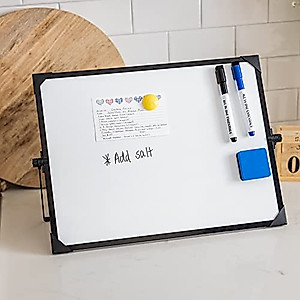 Double Sided Dry Erase Board with Stand - 16 X 12 Inch Desktop Whiteboard Comes with 15 Magnetic Markers, 10 Magnets, 2 Magnetic Erasers, Corner Protectors, Rubber Supports & More, Premium Black Frame