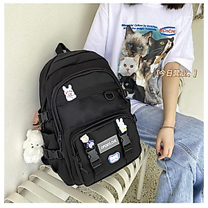 ANEBIPLE Aesthetic Kawaii Nylon Lighteweighted Portable Laptop Backpack with A Cute Bear Pendant, Large Capcity (Red)