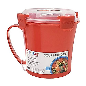 (6 COUNT) KOLORAE 20 OZ SOUP MUG- COLORFUL, MICROWAVE SOUP MUGS WITH LEAK PROOF DESIGN AND SECURE SNAP VENTED LIDS-1 OF EACH COLOR PICTURED, PLUS AN ADDITIONAL BLUE AND GREEN MUG!