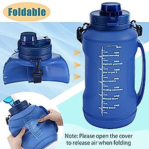 Augot Collapsible Water Bottle, 2L/64OZ Large Capacity Water Bottle with Straw Half Gallon Silicone Foldable Water Bottle with Carrying Strap & Time Markings for Outdoor Travel Runing Fitness (Blue)