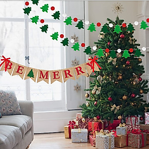 2Pcs Merry Christmas Banner, Be Merry Burlap Banner Felt Ball Christmas Tree Pom Pom Garland Happy Holidays Banner for Mantle Fireplace Christmas Xmas Party Holiday Decorations Home Outdoor Indoor