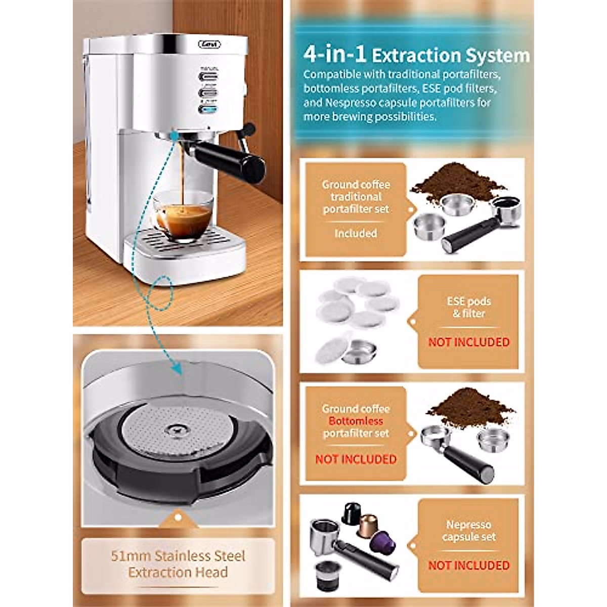 Gevi Espresso Machines 20 Bar Fast Heating Commercial Automatic Cappuccino Coffee Maker with Foaming Milk Frother Wand for Espresso, Latte Macchiato, 1.2L Removable Water Tank