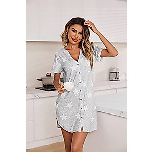 Ekouaer Short Sleeve Sleepwear Comfy Sleep Shirt Button Gown Dress Loose Fit Pajama Dress Nightwear